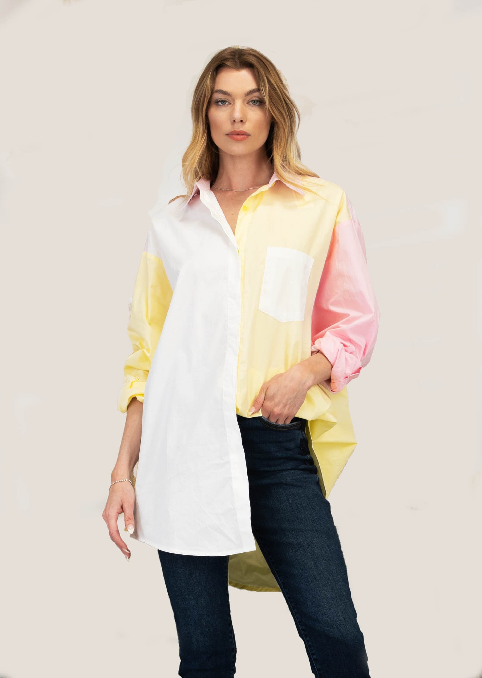 Leah Color Block Oversized Cotton Shirt, Button-down Shirts, Bulky ...