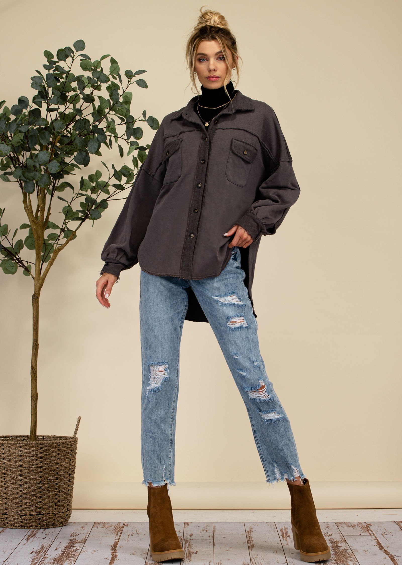 Jessi French Terry Vintage Shacket, Vintage Style Button Down, Vintage ...