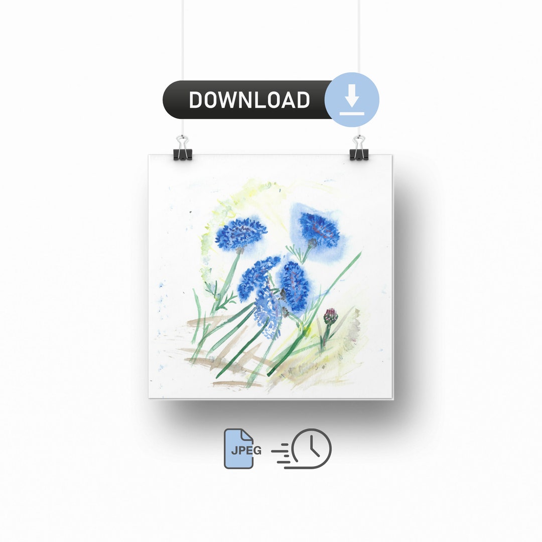 Cornflowers Mokl-art Blue Watercolor Printable, Artwork, Digital ...