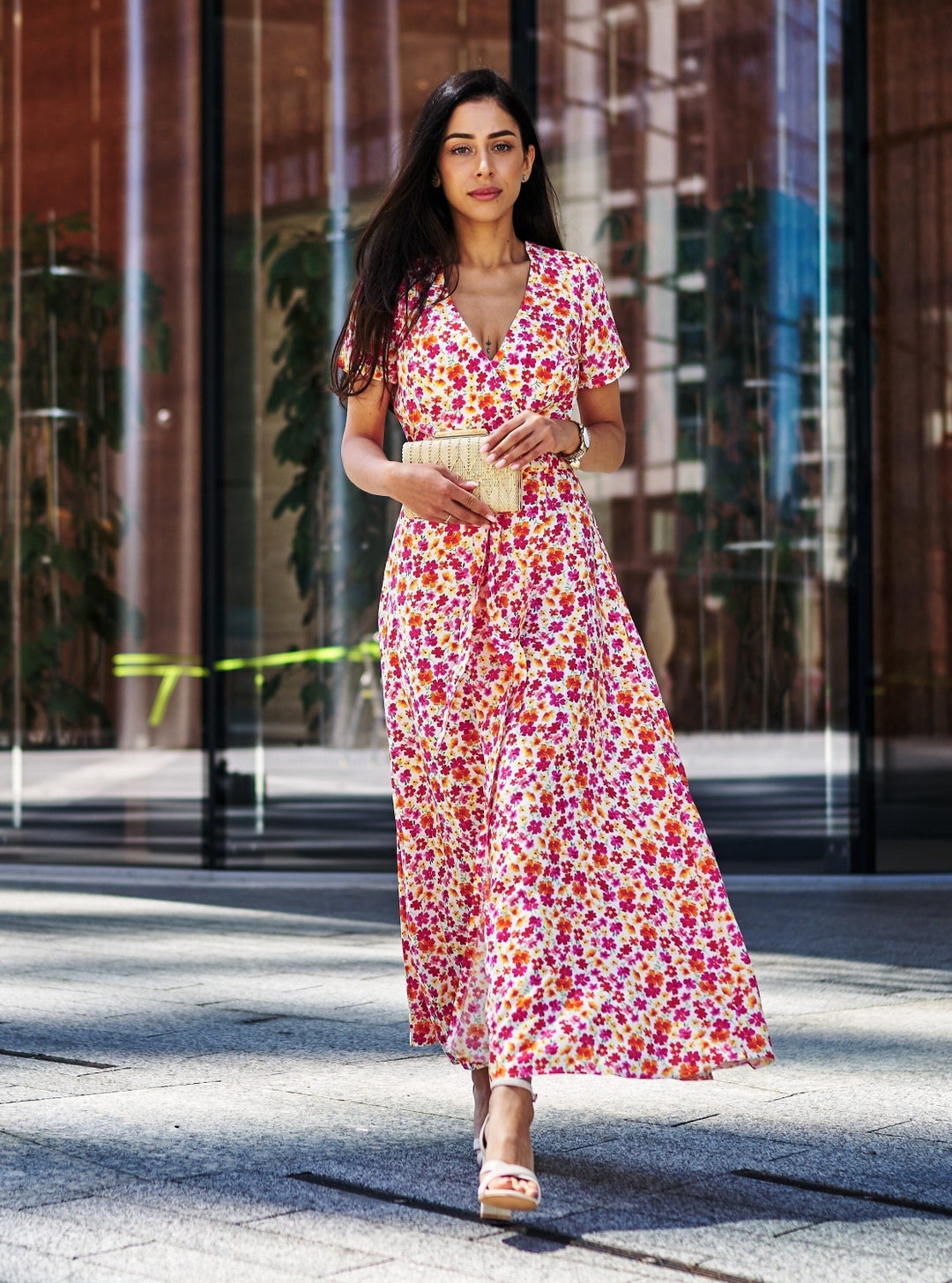 Maxi Wrap Dress Flowers Meadow Viscose / Dress With Pockets in Flower ...