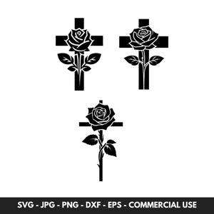 Cross With Rose SVG Bundle, 3 Cross Rose Vectors, Rose PNG, Rose ...