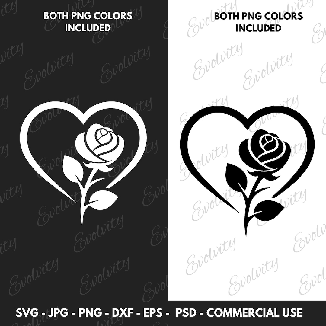 Elegant Heart Rose SVG Vector Silhouette and Royal PNG Clipart Cut File ...
