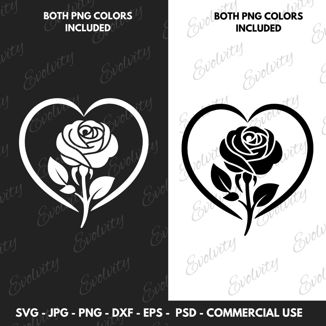 Romantic Heart Rose SVG and Rose Heart PNG, Detailed Floral Graphics ...