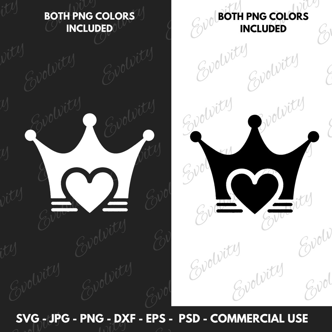 Charming Crown and Heart SVG, King Queen Silhouette Clipart, Ideal for ...