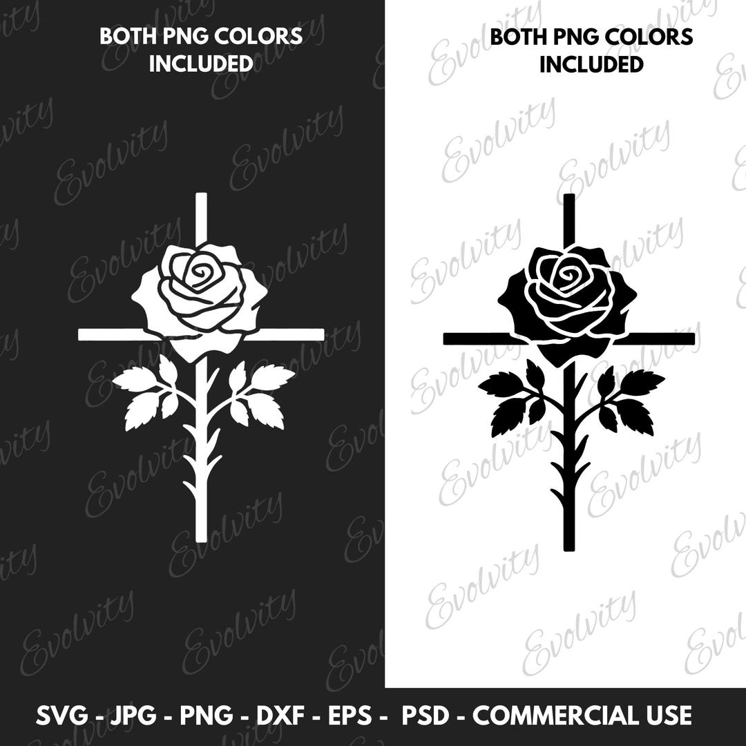 Cross With Rose SVG Vector Graphic and Cross Silhouette Clipart PNG Cut ...