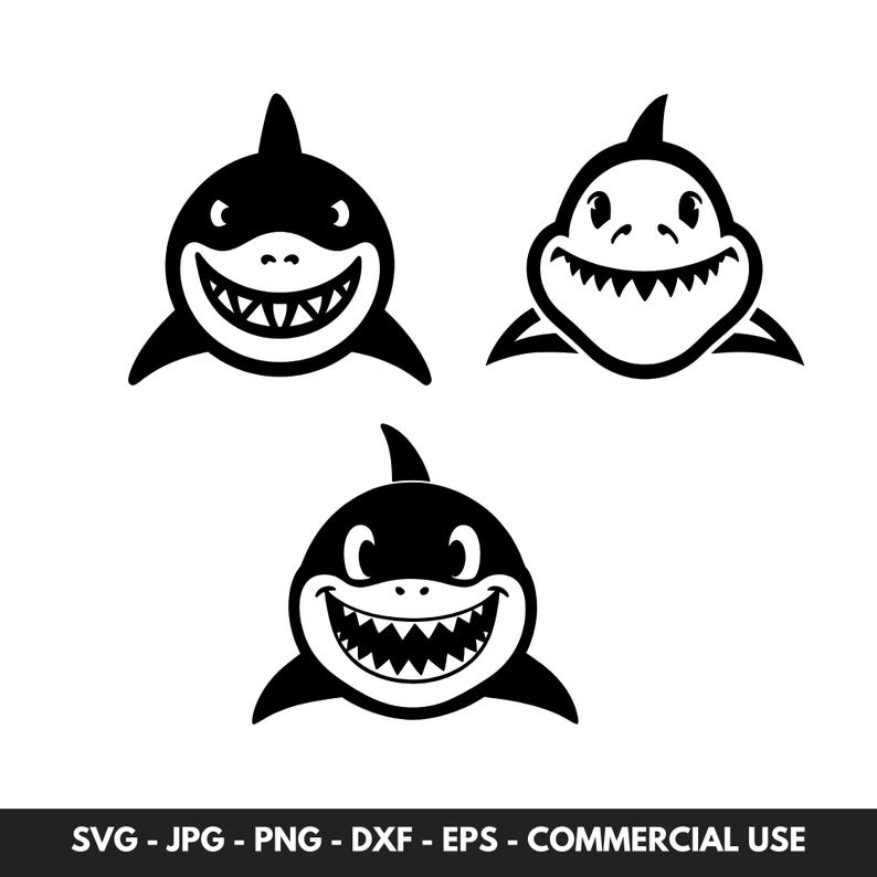 Cute Cartoon Shark SVG Bundle With 3 Smiling Shark Silhouettes Clipart ...