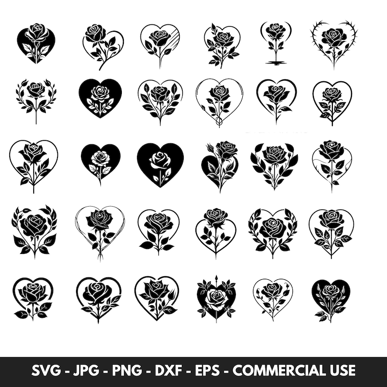 Rose Heart Mega SVG Bundle, Heart With Rose Svg, Heart Shaped Roses ...