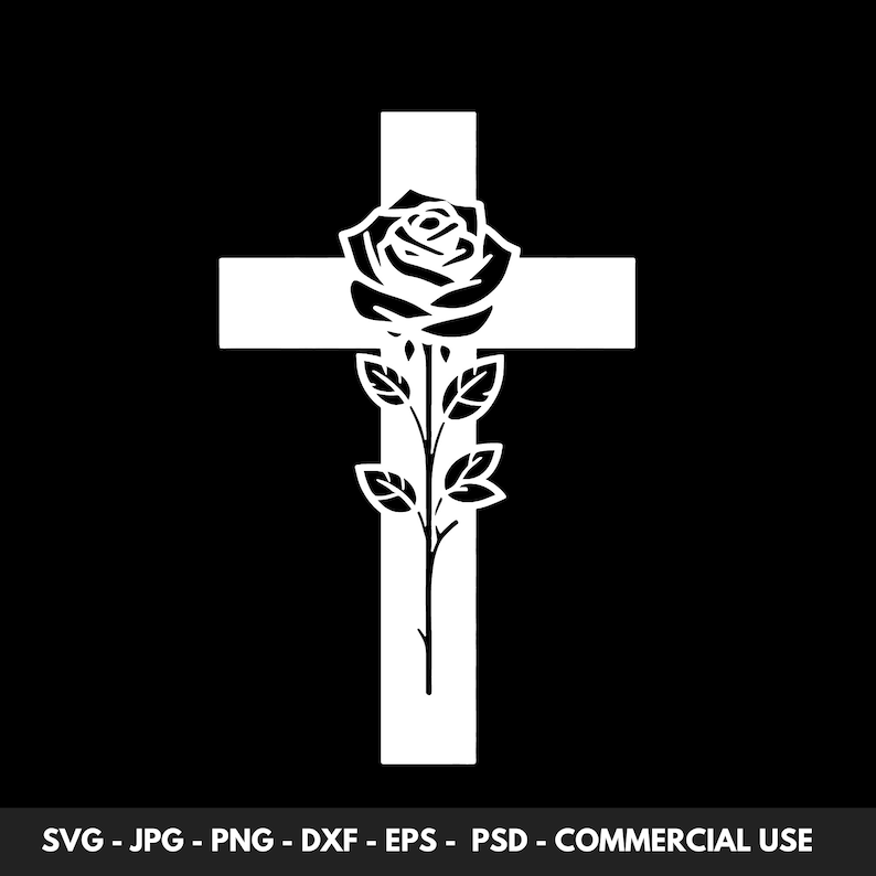 Cross With Rose SVG in White, Rose Vector, Cross PNG, Faith Clipart ...