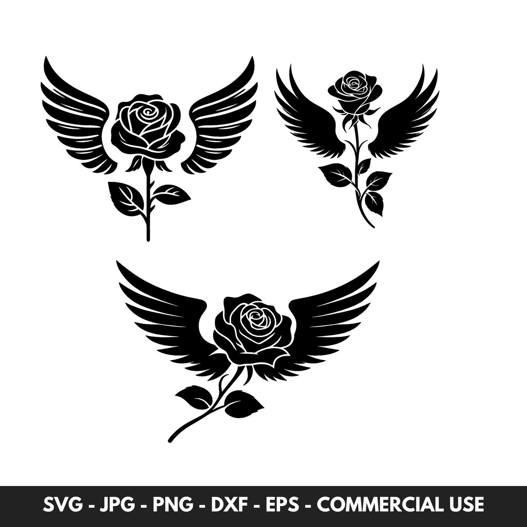 Angel Rose SVG Vector Bundle With 3 Rose With Wings Flower Silhouette ...