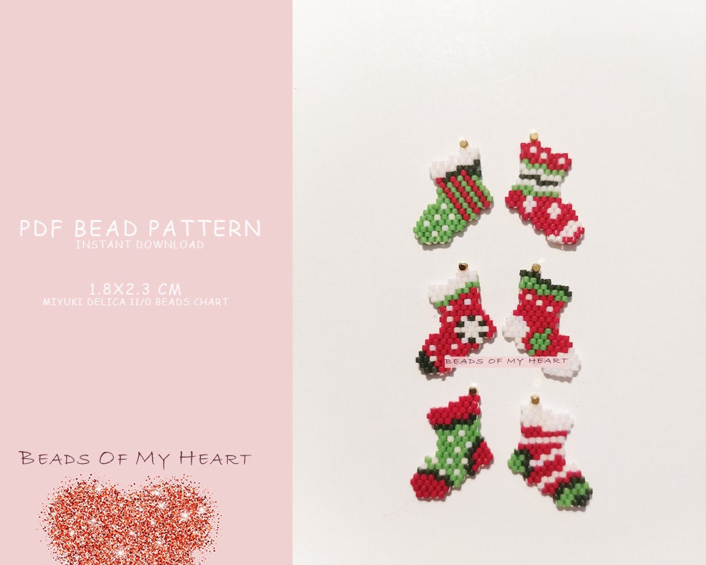 Christmas Socks Set Brick Stitch Pdf Red Green Miyuki Delica Seed Bead ...