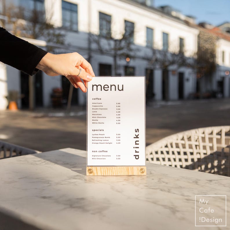 Clear Acrylic Table Menu Stand: Ash Wood Base, Restaurant Cafe Display ...