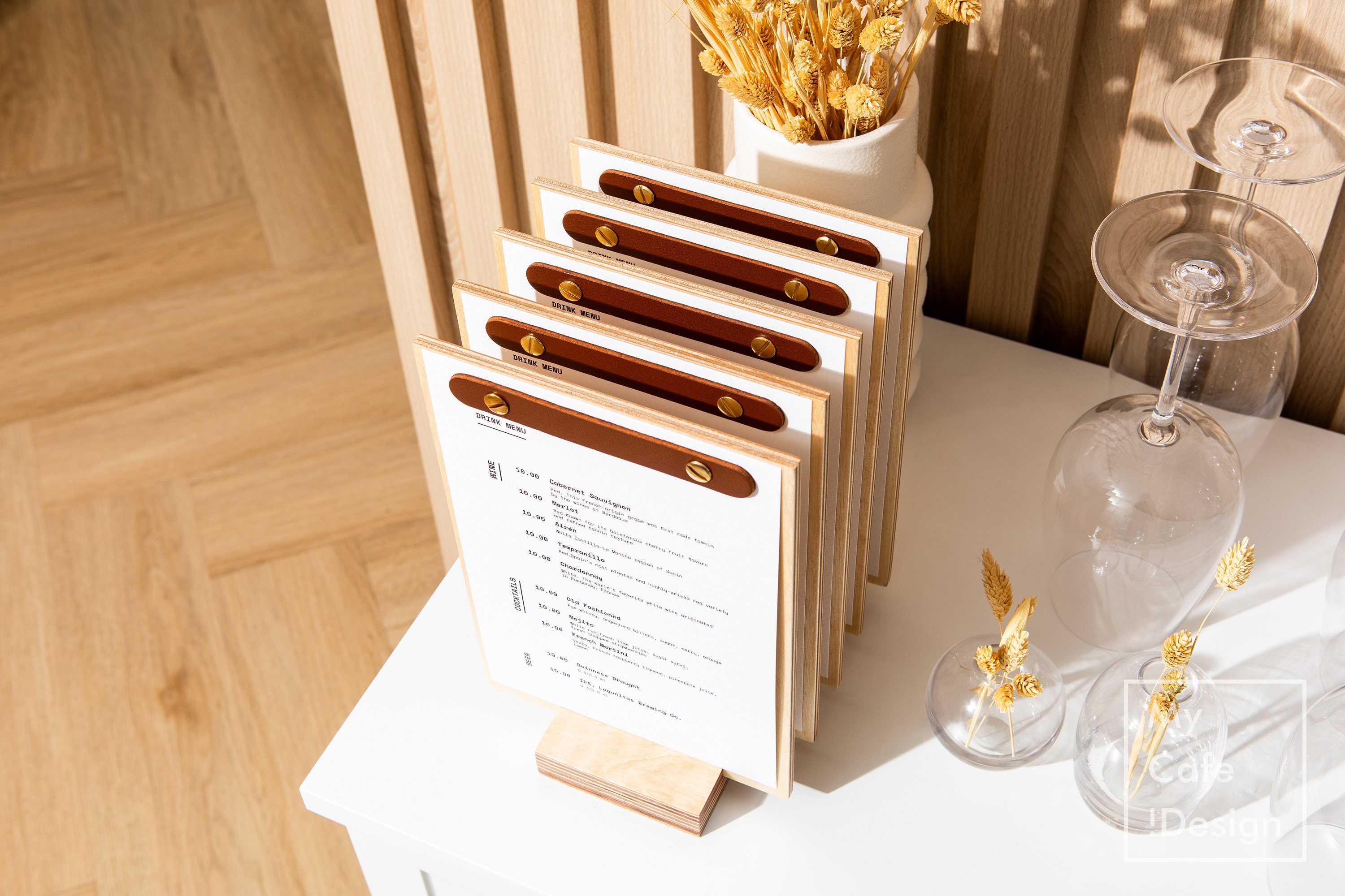 Wooden Menu Holder Set of 5 With Base for Restaurant, Custom Bar Menu ...