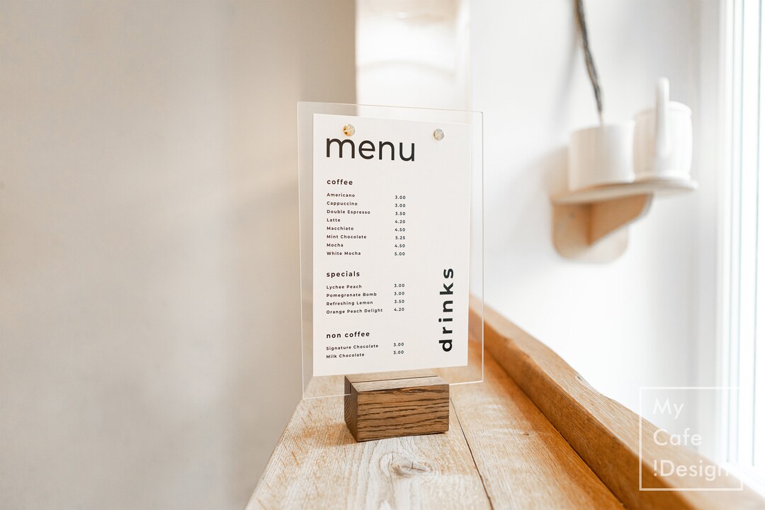 Table Top Display: Acrylic Sign Holder With Wooden Base for Cafe, Bar ...
