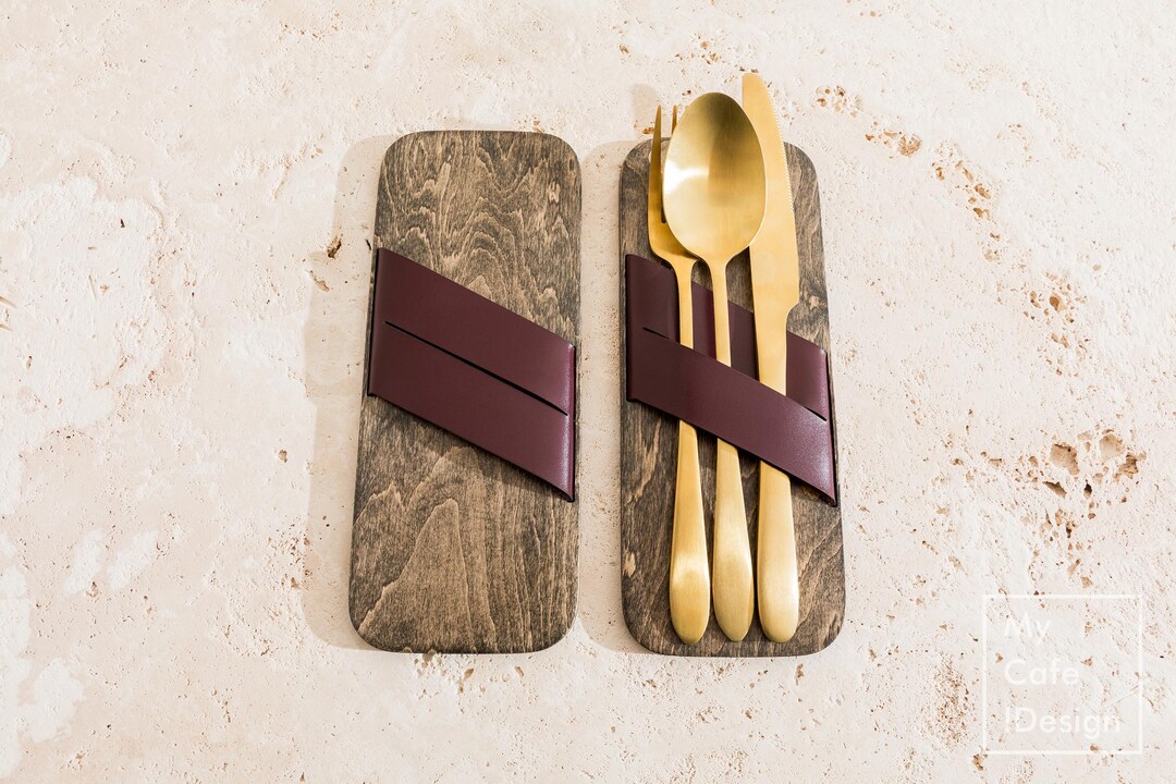 Custom Cutlery Holder: Wooden Cutlery Pouch With Leather Strap for ...