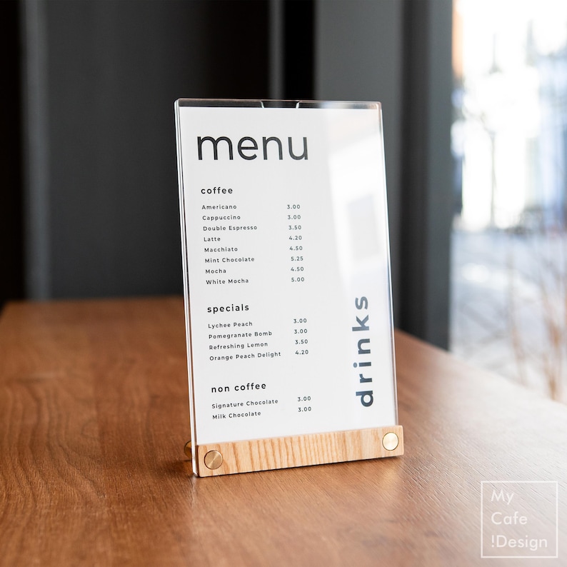 Clear Acrylic Table Menu Stand: Ash Wood Base, Restaurant Cafe Display ...