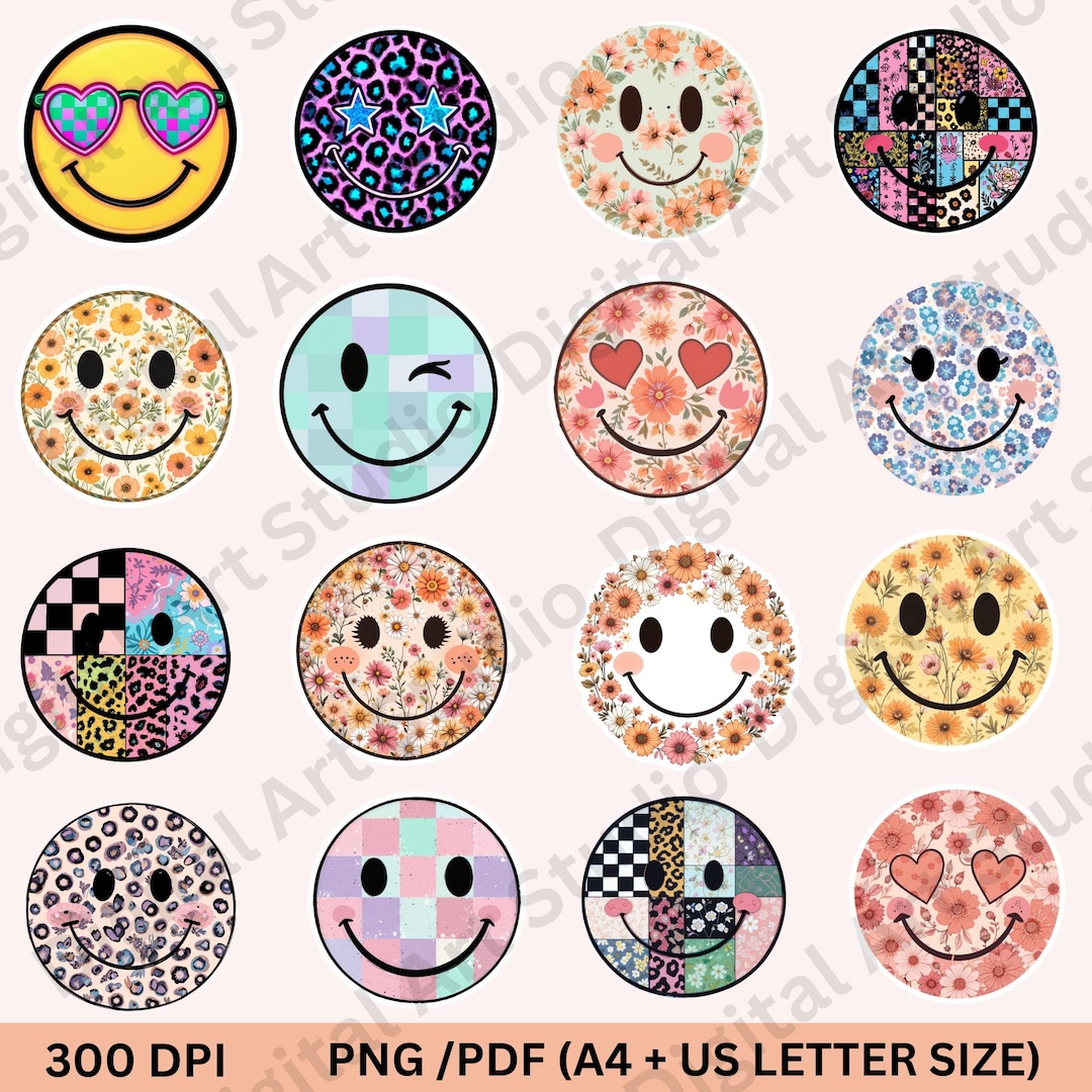 Smiley Face Floral Sticker Bundle, Cute Flower Face Digital Stickers ...