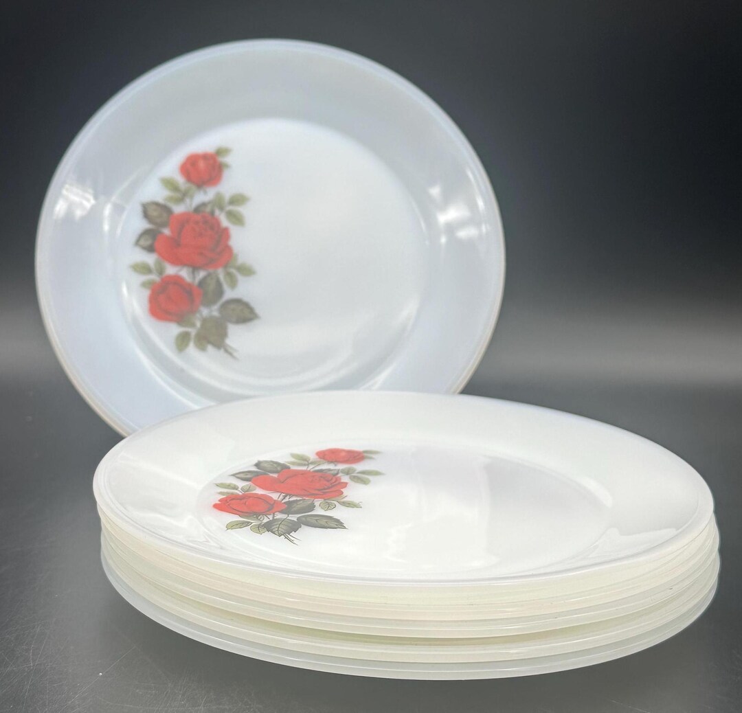 Phoenix Opalware Red Rose Pattern Vintag Pyrex Set of Six Desert/salad ...