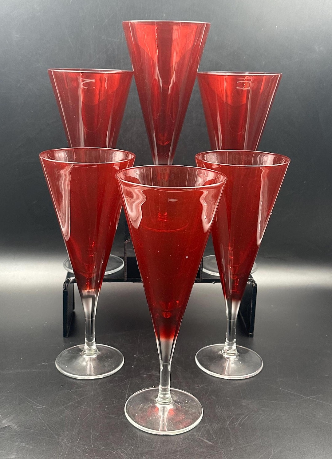 Set of Six Iridescen Red Tall Thin Stemmed Conical Wine Glasses - Etsy