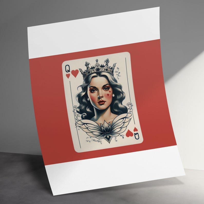 Queen of Hearts Playing Card Art, Digital Print, Vintage Style, Unique ...
