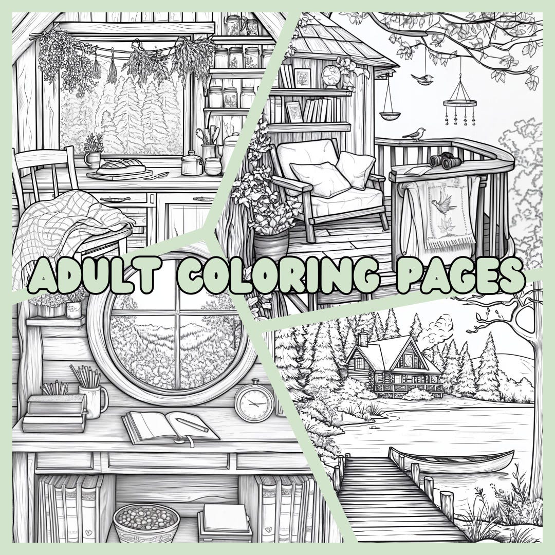 Cozy Cabin Adult Coloring Pages | Relaxing Scenes | Cottagecore | Lake ...