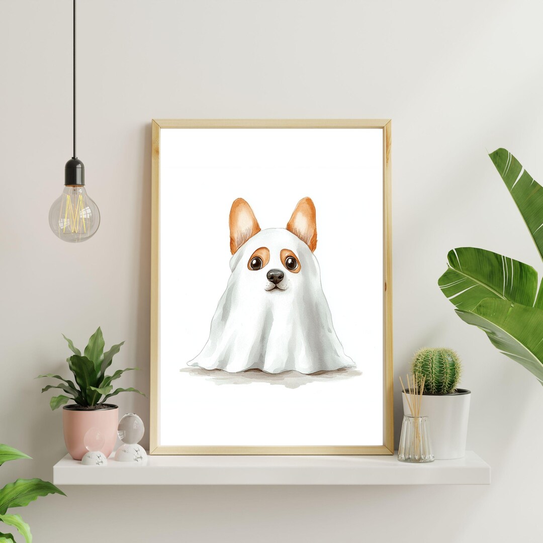 Cute Corgi Ghost Halloween Wall Art | Adorable Dog in Costume Print ...