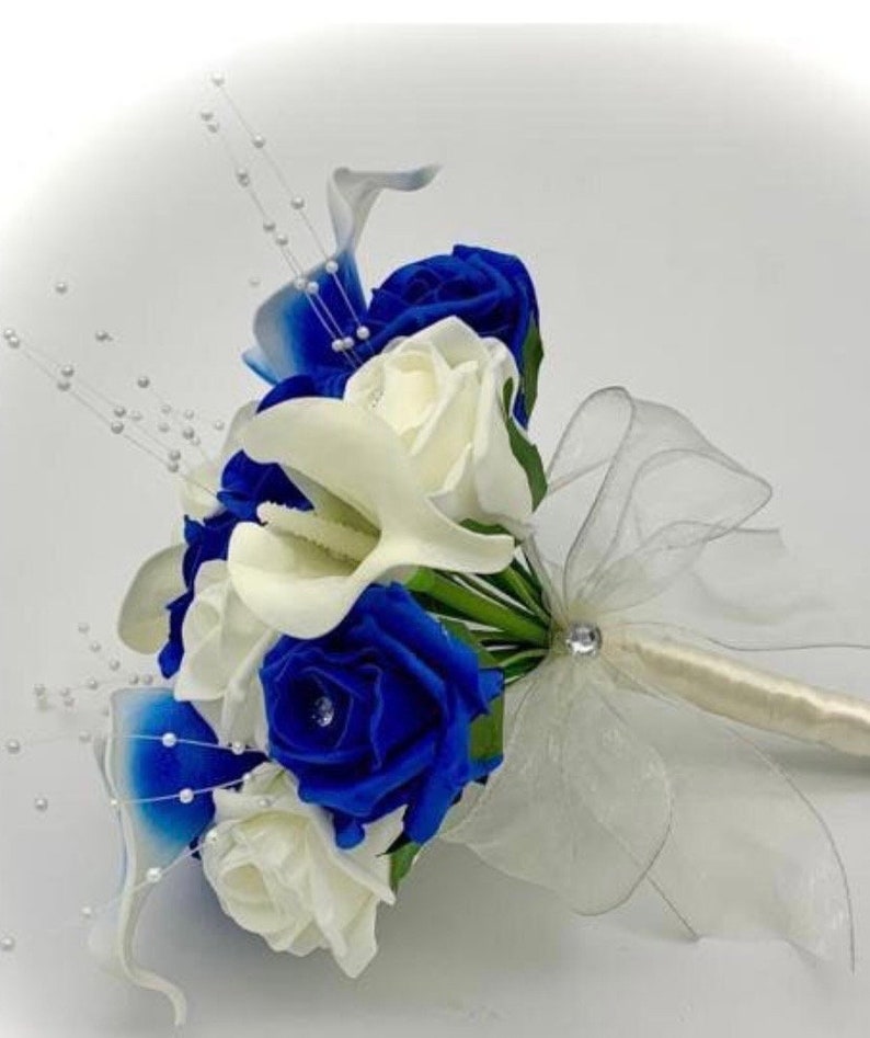 Bride Blue and Ivory Artificial Calla Lily Teardrop Bouquet Real Touch ...