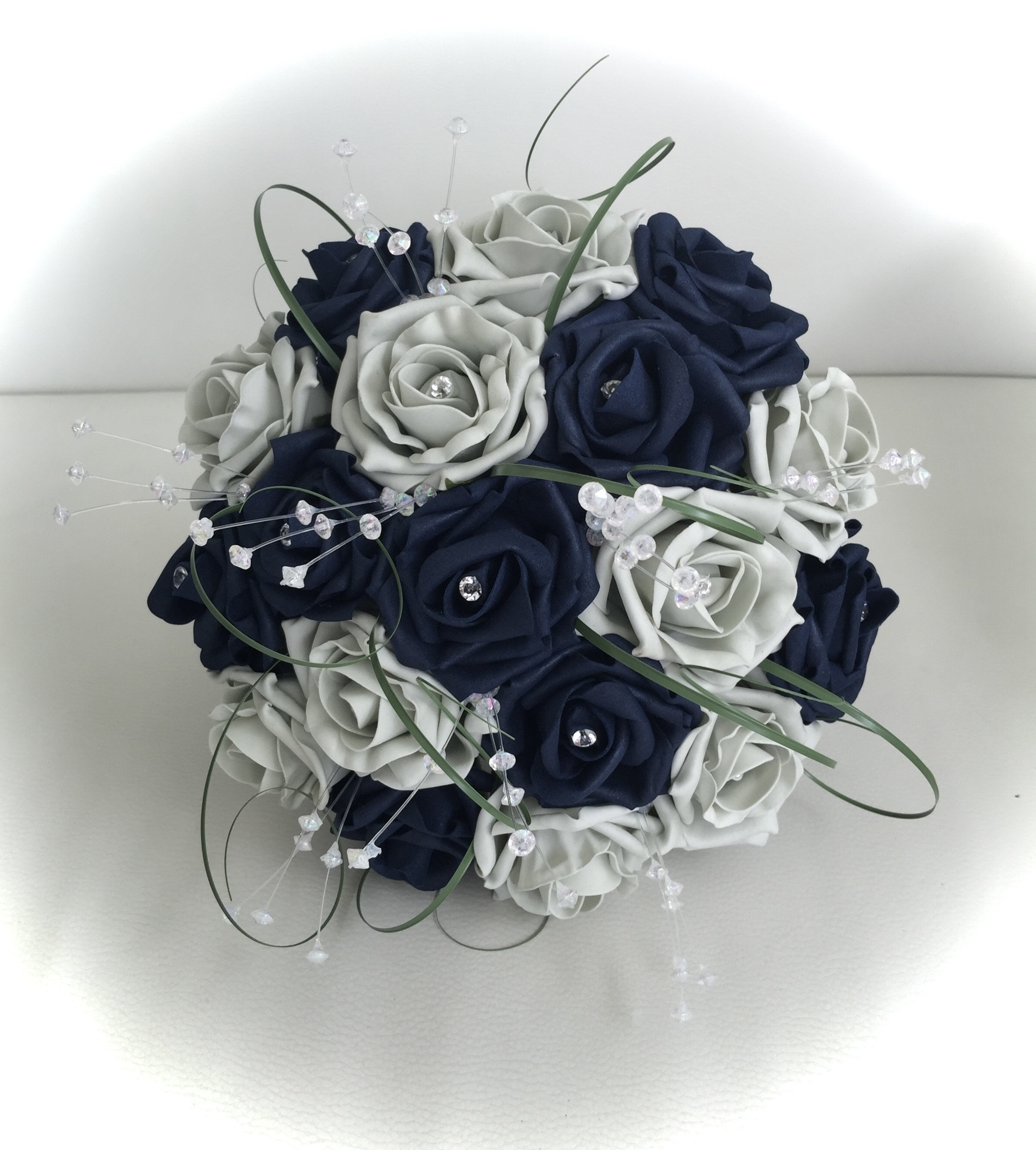 Artificial Wedding Flowers Navy Blue Silver Grey Rose Beargrass Bouquet ...