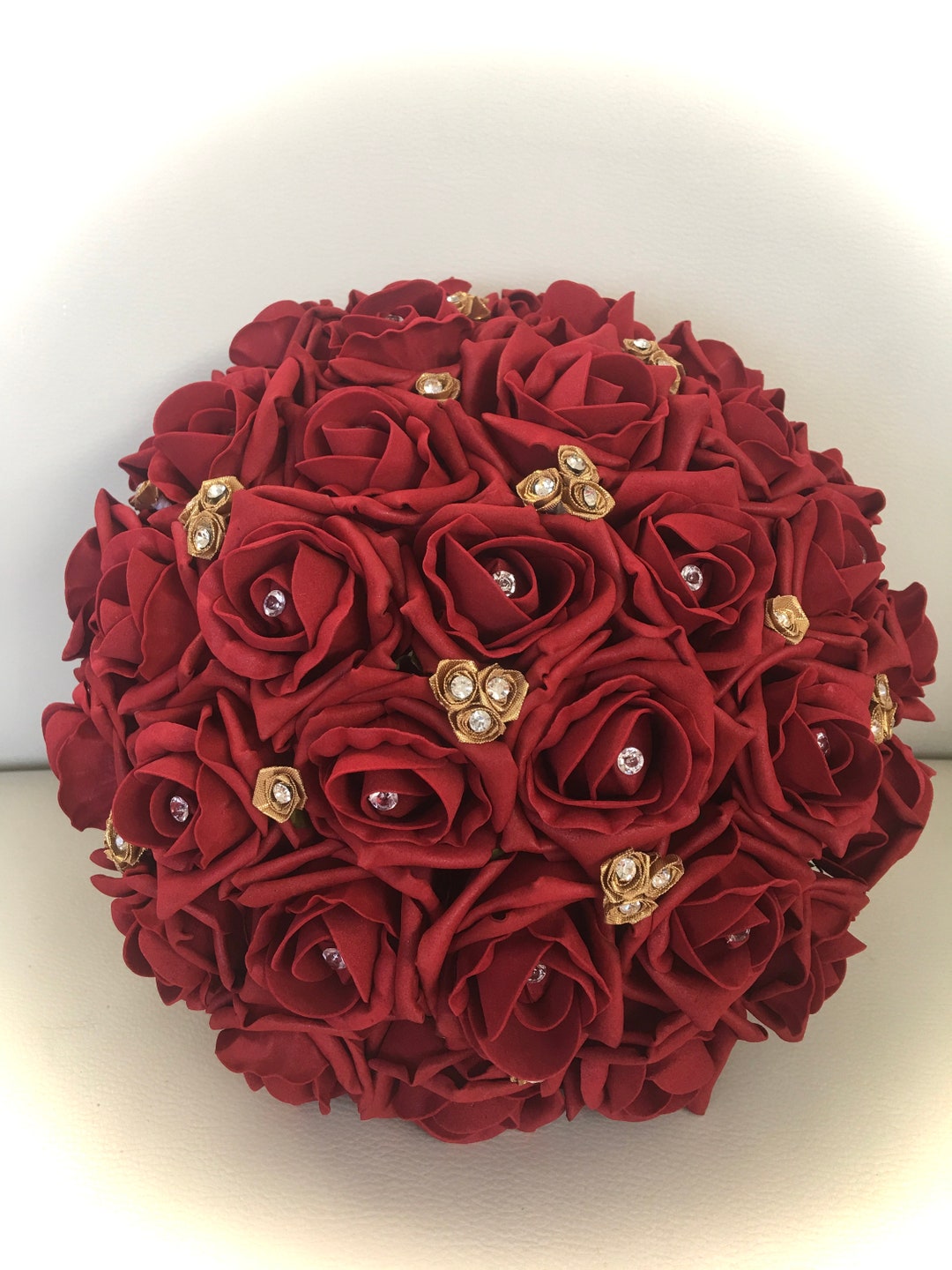 Ruby Red & Gold Foam Rose Wedding Bouquet: Diamante Bridal Posy - Etsy