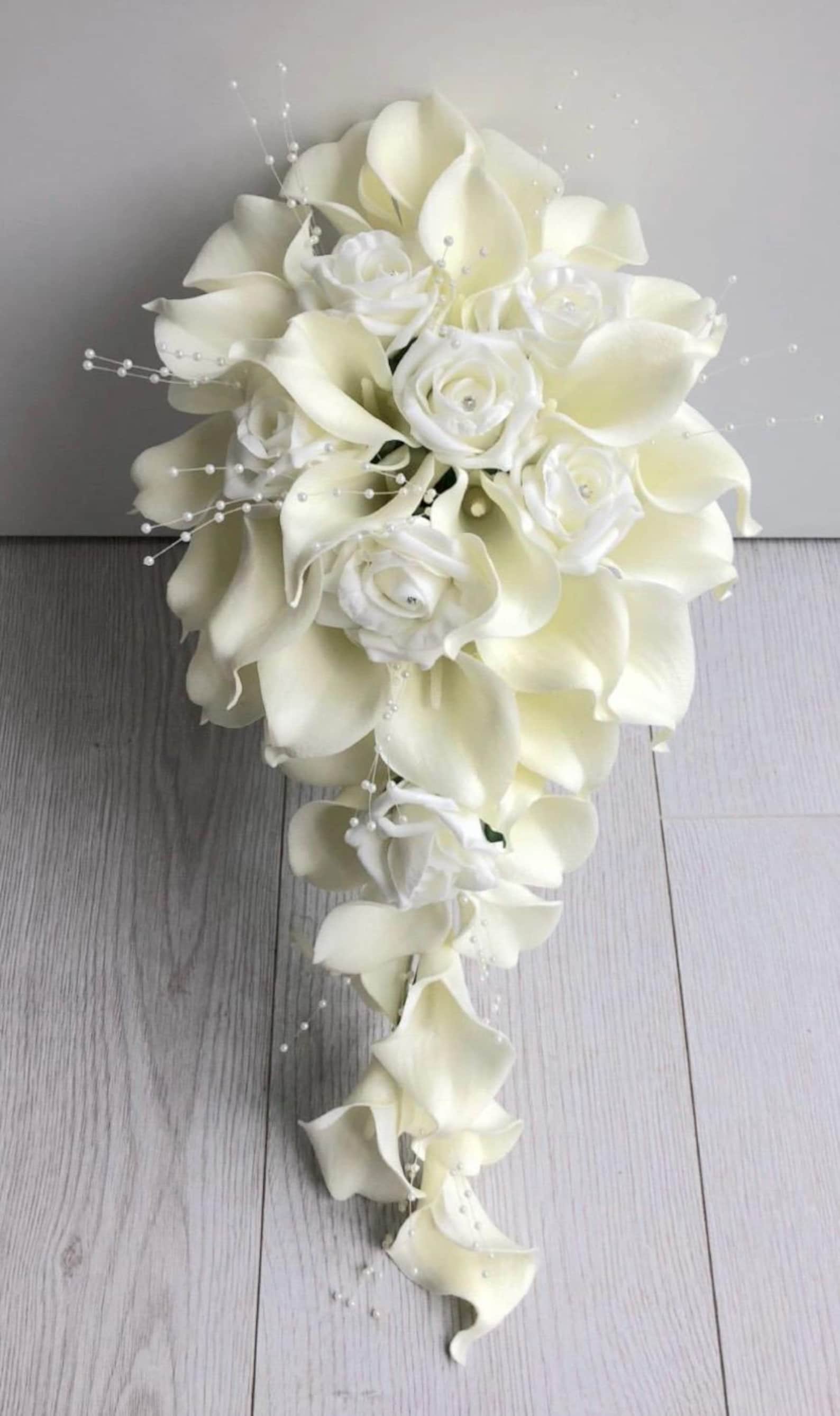 Ivory Artificial Calla Lily Rose Teardrop Bride Bouquet Real Touch ...