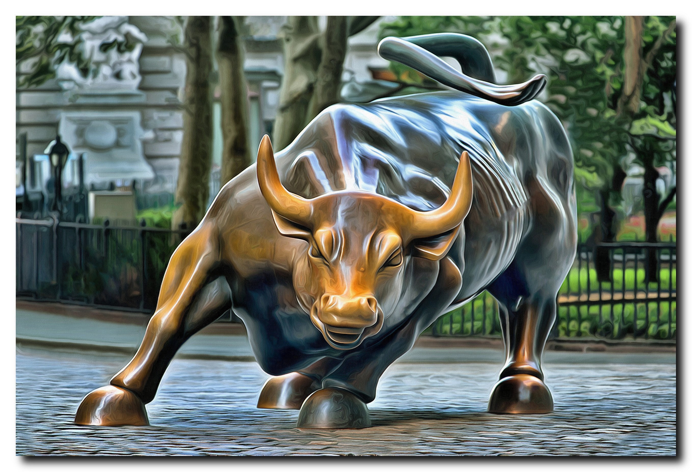 Wall Street Bull in New York City Art Print. Cotton Canvas Digital Paint Brush Art. Frame Ready ...