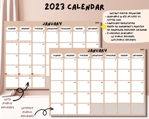 2023 Printable Calendar A3 Size A4 Size US Letter Size - Etsy