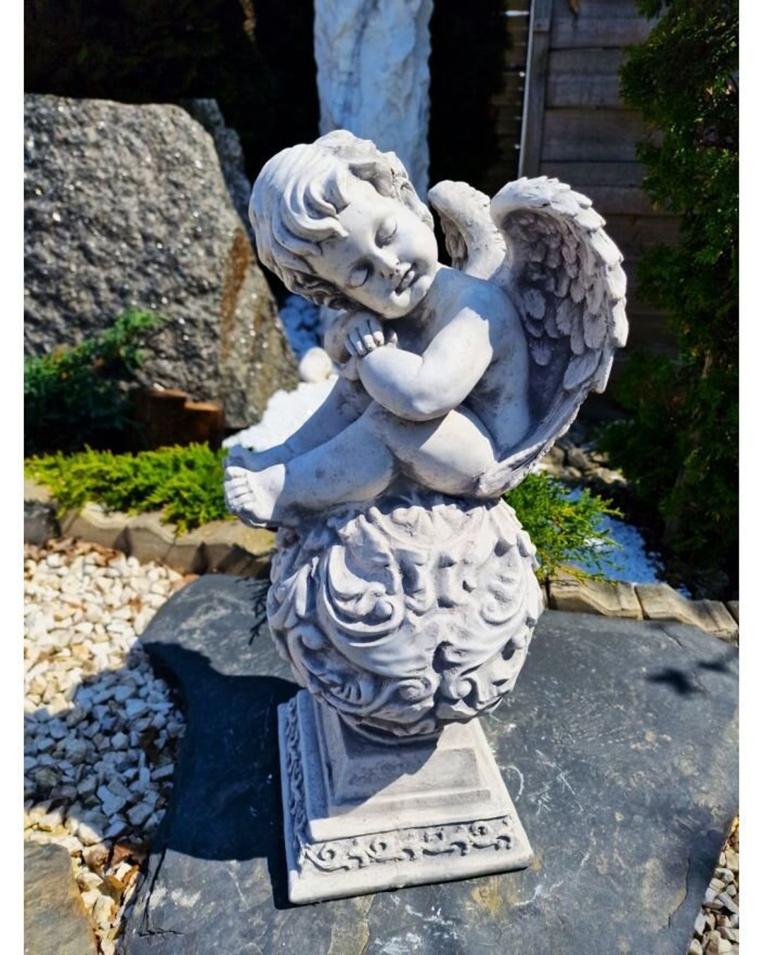 Angel Sits on the Ball Concrete Statue, Cherub Stone Sculpture, Cupid ...