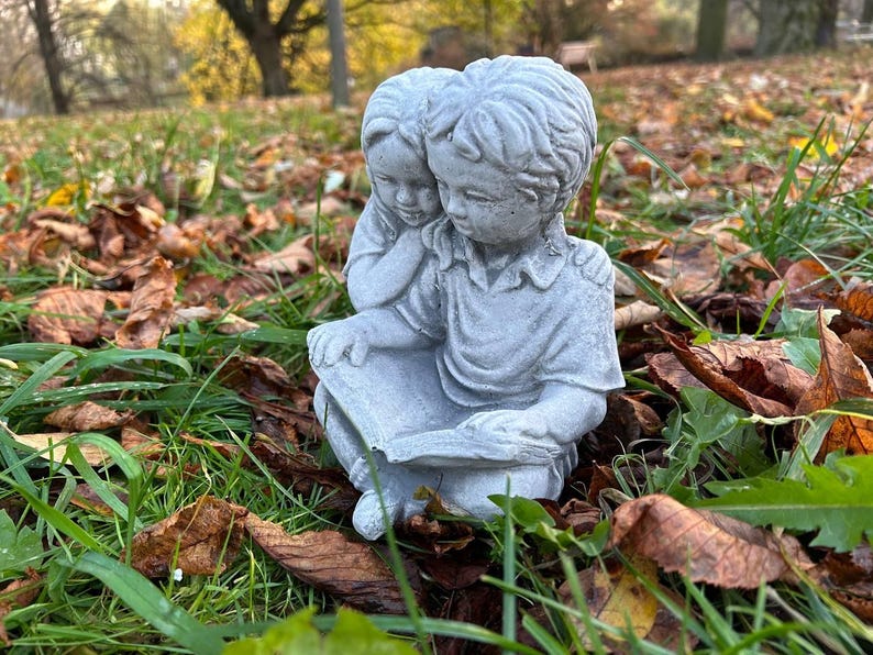 Concrete Kids Reading Statue, Stone Child With Book Sculpture, Boy and ...