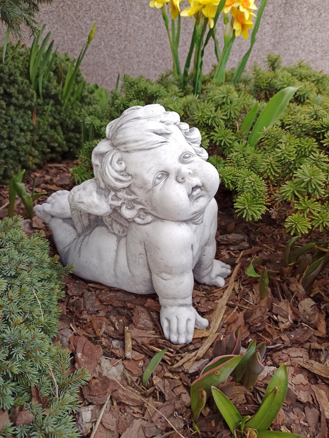 Crawling Baby Angel Concrete Statue, Cherub Garden Figurine, Cement ...
