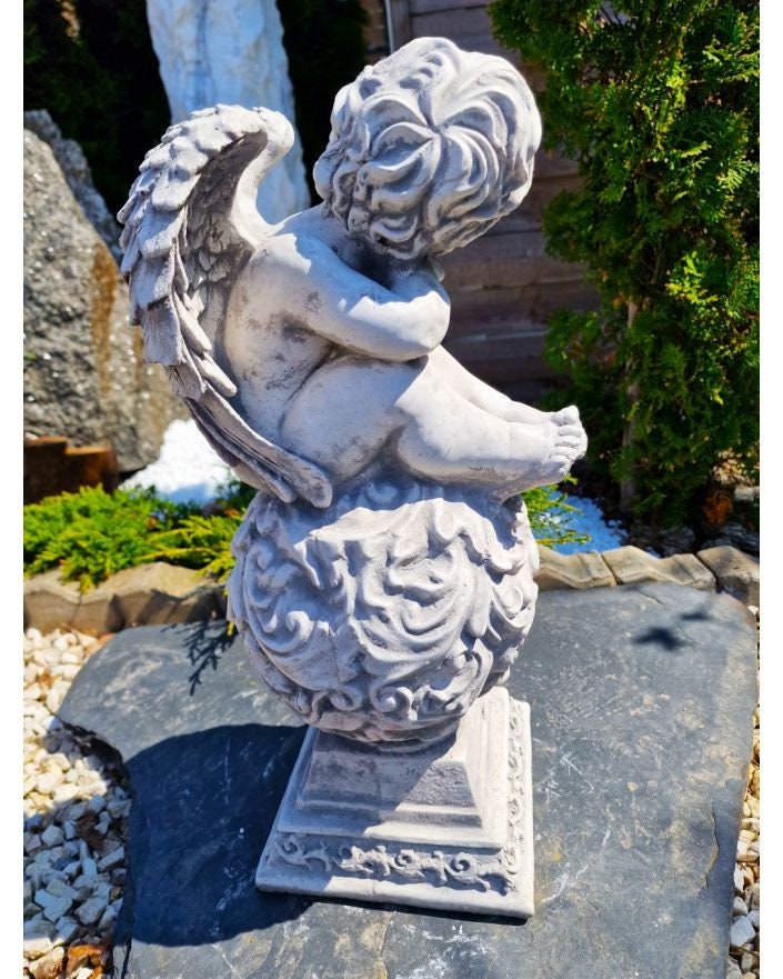 Angel Sits on the Ball Concrete Statue, Cherub Stone Sculpture, Cupid ...
