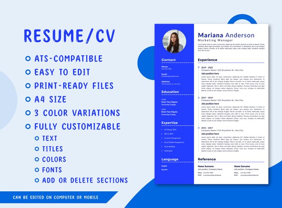 Canva Resume Template Resume Template Word Resume Template - Etsy