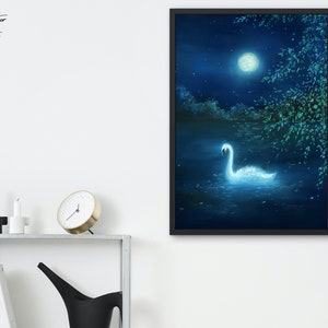 Swan Glowing in the Moonlight Painting, Swan Nursery Prints, Swan Art ...