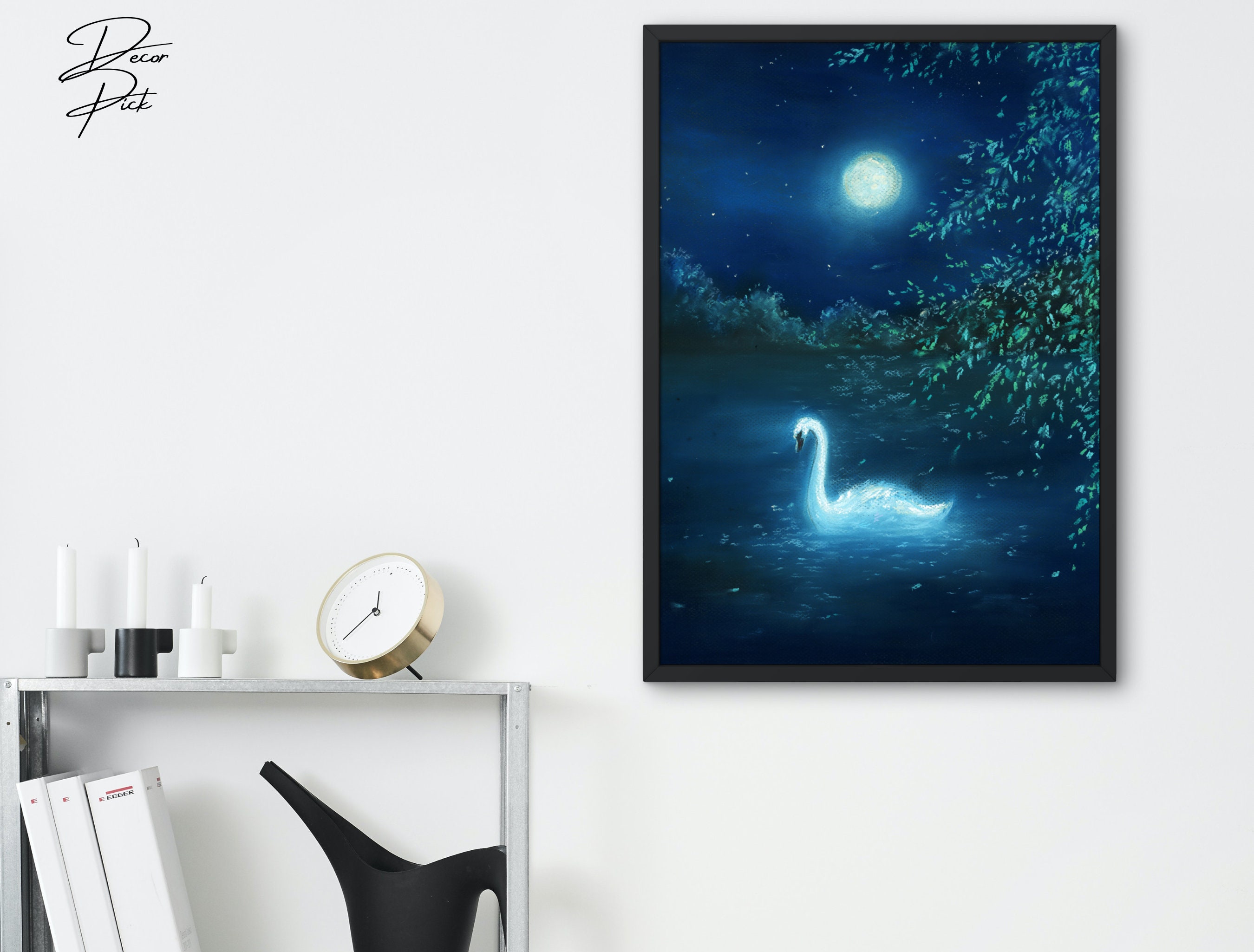 Swan Glowing in the Moonlight Painting, Swan Nursery Prints, Swan Art ...