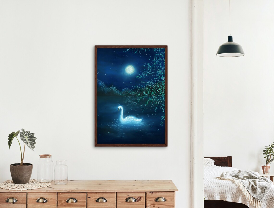 Swan Glowing in the Moonlight Painting, Swan Nursery Prints, Swan Art ...