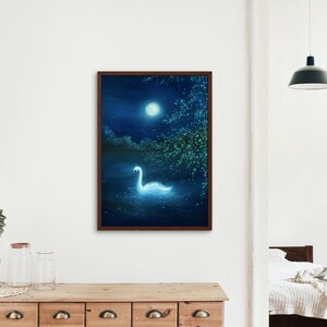 Swan Glowing in the Moonlight Painting, Swan Nursery Prints, Swan Art ...