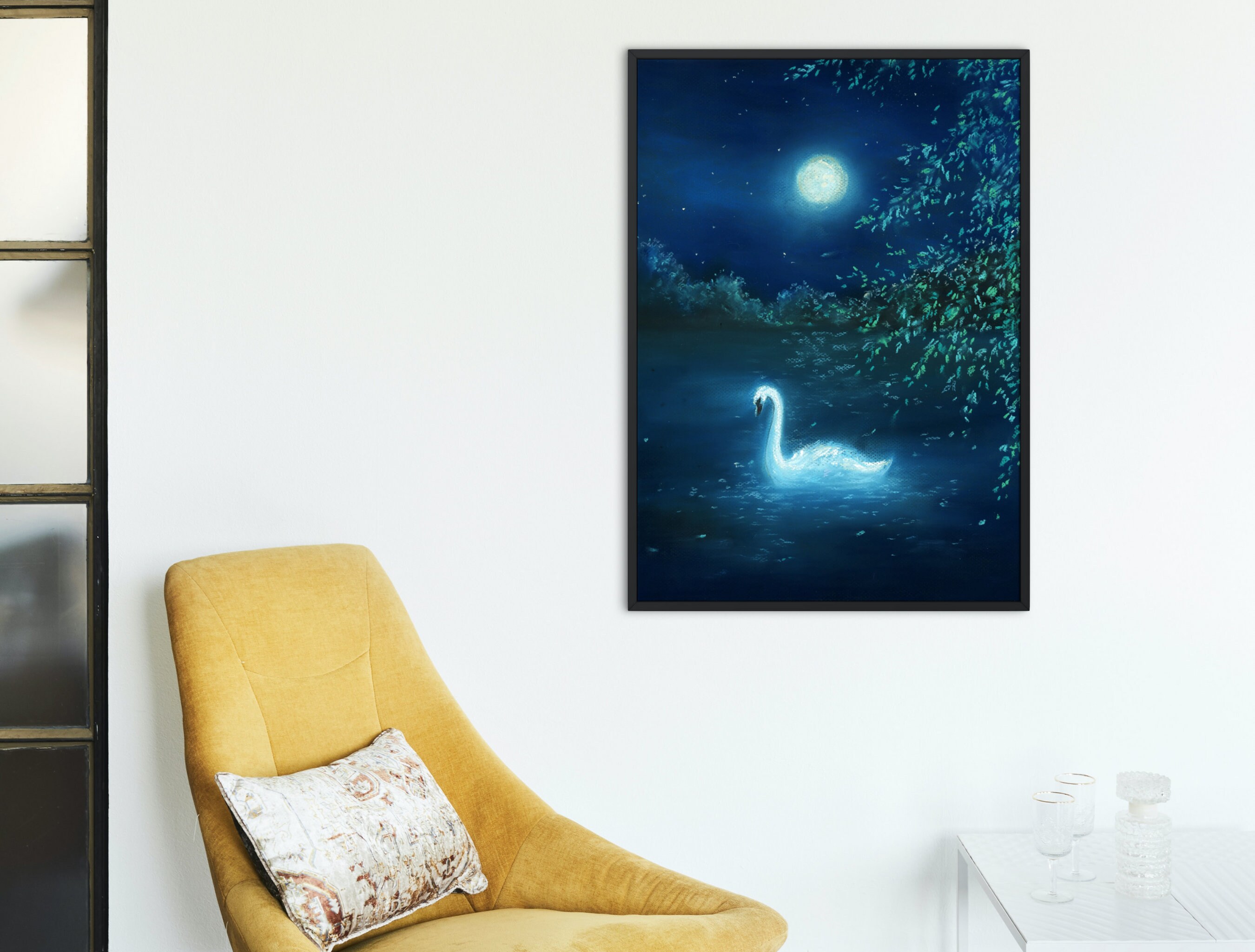 Swan Glowing in the Moonlight Painting, Swan Nursery Prints, Swan Art ...
