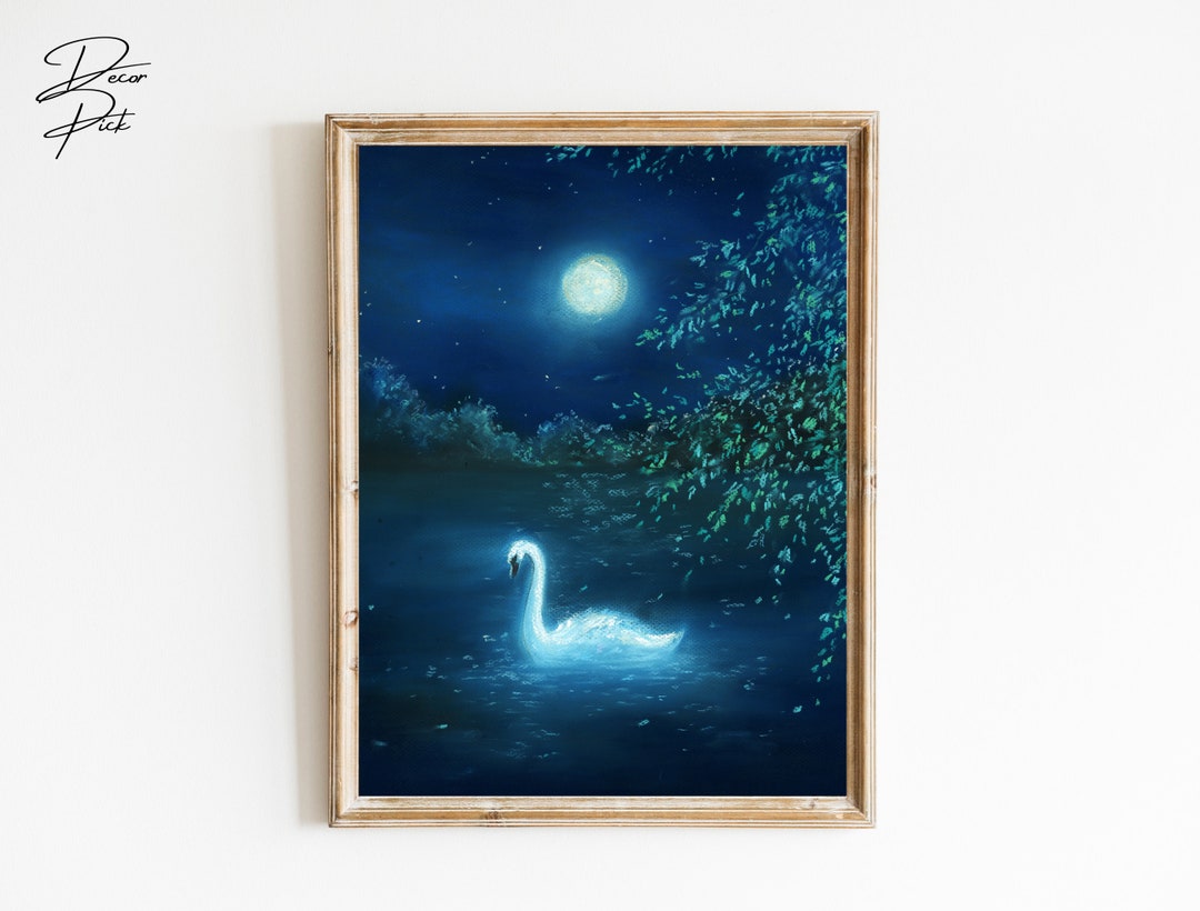 Swan Glowing in the Moonlight Painting, Swan Nursery Prints, Swan Art ...