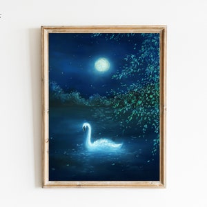 Swan Glowing in the Moonlight Painting, Swan Nursery Prints, Swan Art ...