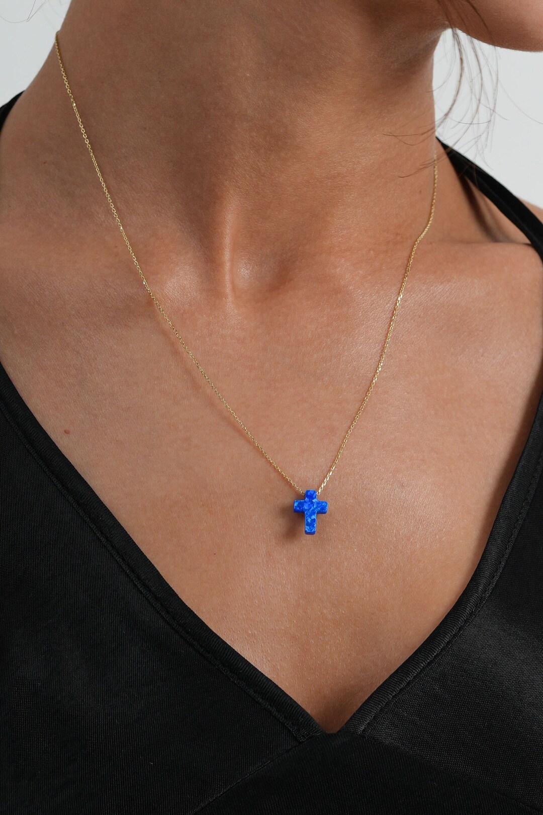 14K Solid Gold Opal Cross Necklace for Women,dark Blue Opal Cross ...