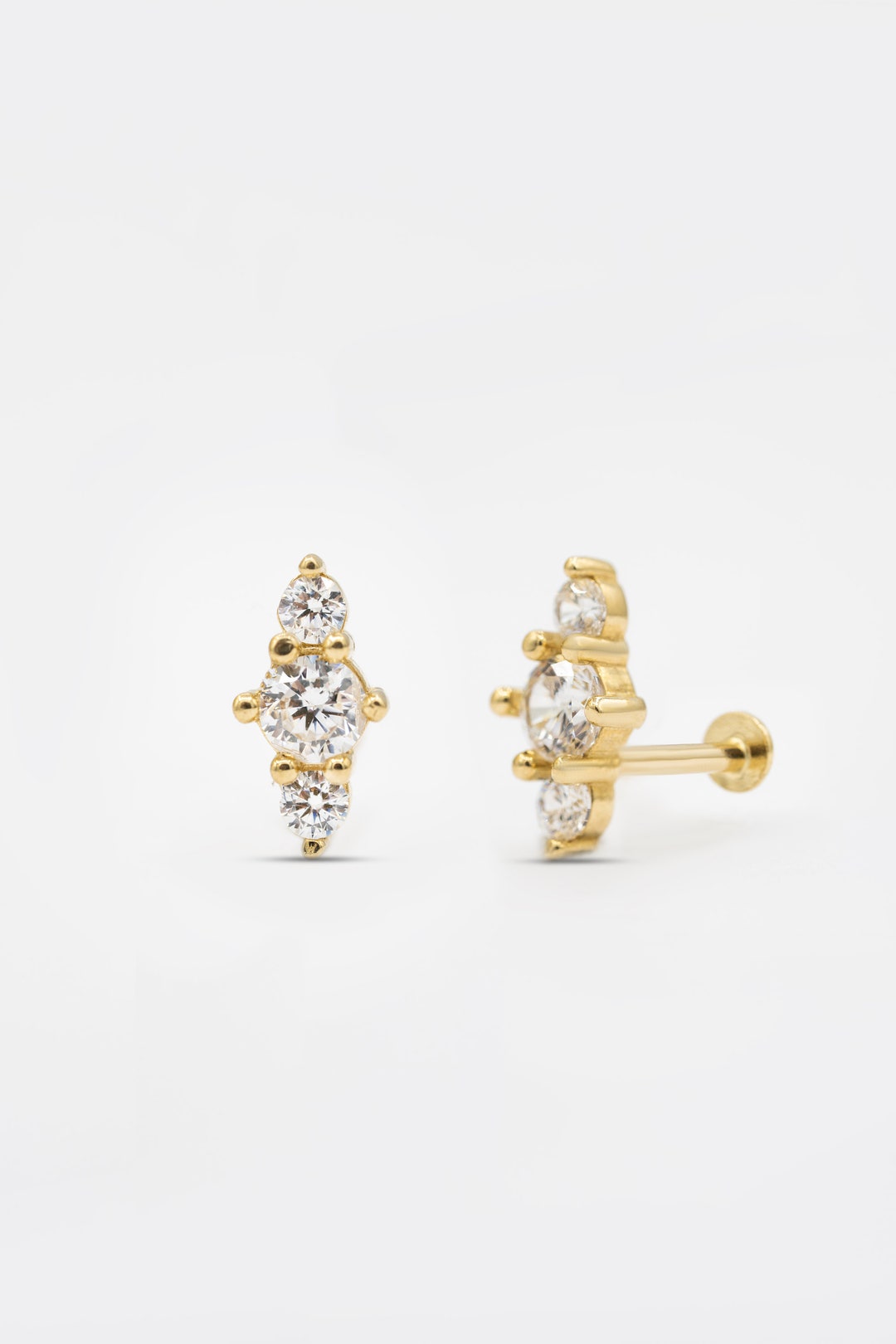 Three-stone Piercing,dainty Three-stone Tragus Piercing,stud Earring ...