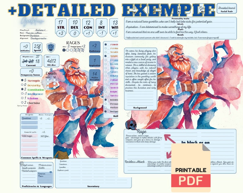 Barbarian Character Sheets D&D 5e PDF for Print - Etsy