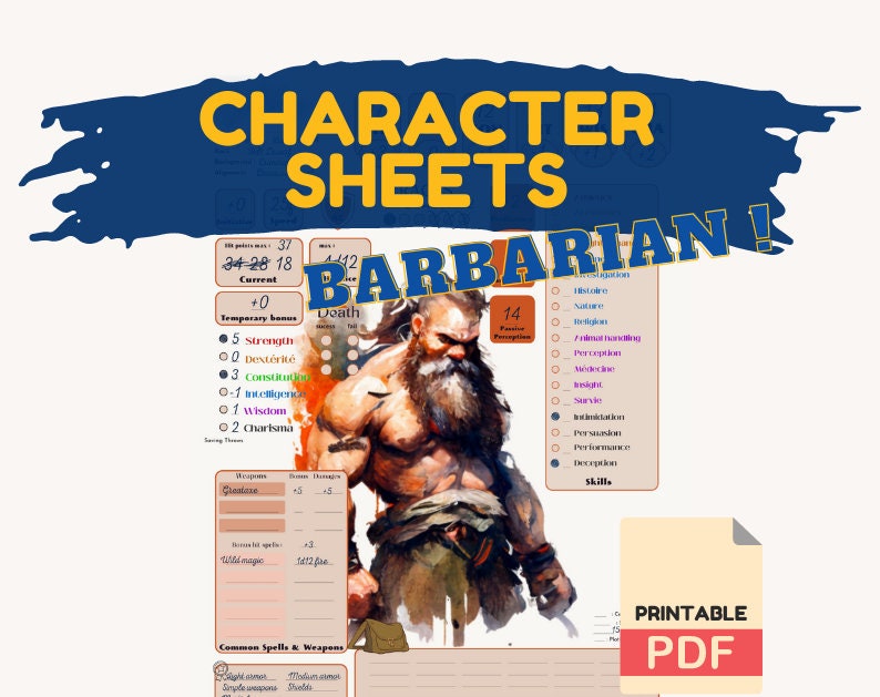 Barbarian Fury Character Sheets D&D 5e PDF for Print - Etsy