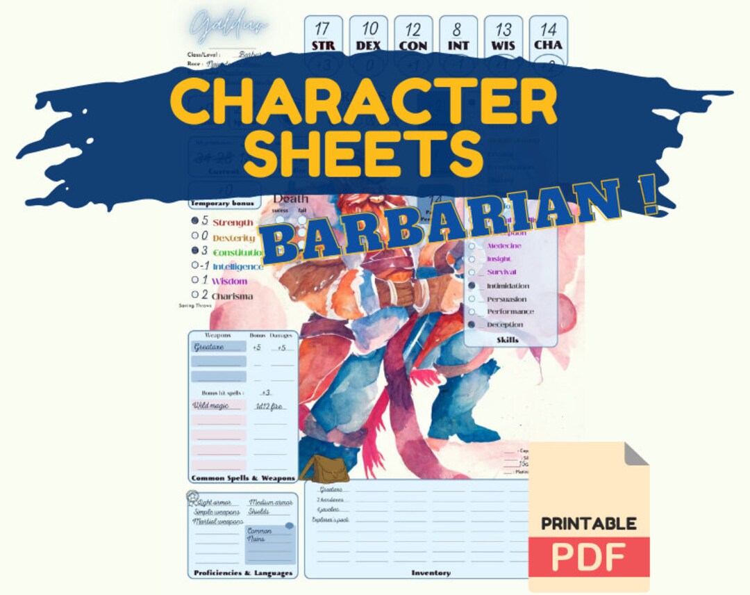 Barbarian Character Sheets D&D 5e PDF for Print - Etsy