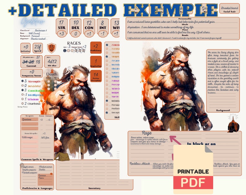 Barbarian Fury Character Sheets D&D 5e PDF for Print - Etsy
