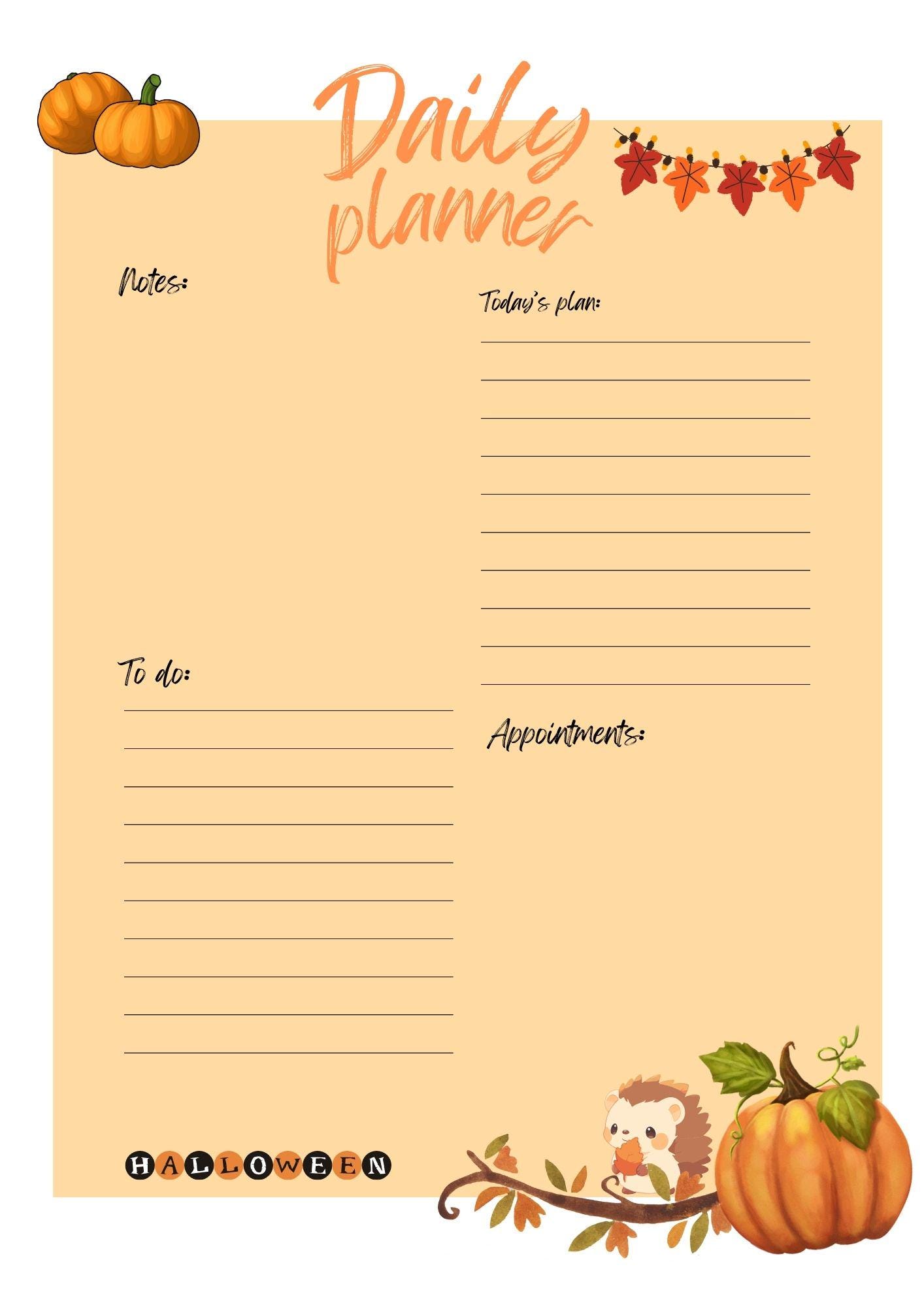 Printable Daily Planner PDF Halloween-themed One-page Organizer for ...